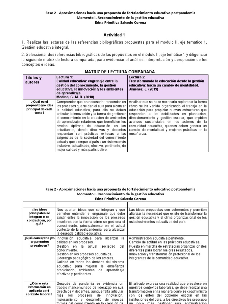 Edna Salcedo - Actividad 1. Matriz de Lectura Comparada | PDF ...