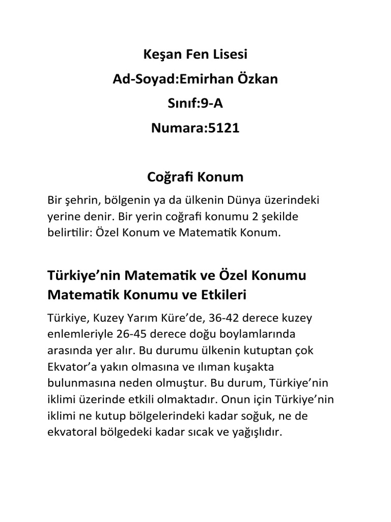 Keşan Fen Lisesi Ad-Soyad:Emirhan Özkan Sınıf:9-A Numara:5121 Coğrafi Konum | PDF