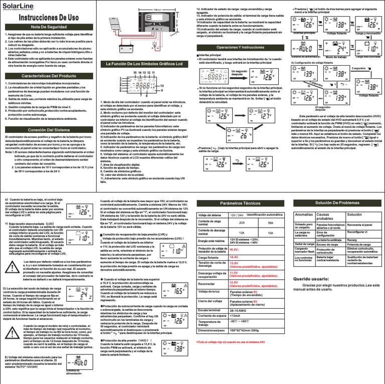 Instrucciones de uso de controlador solar LCD de 12 pasos | PDF ...