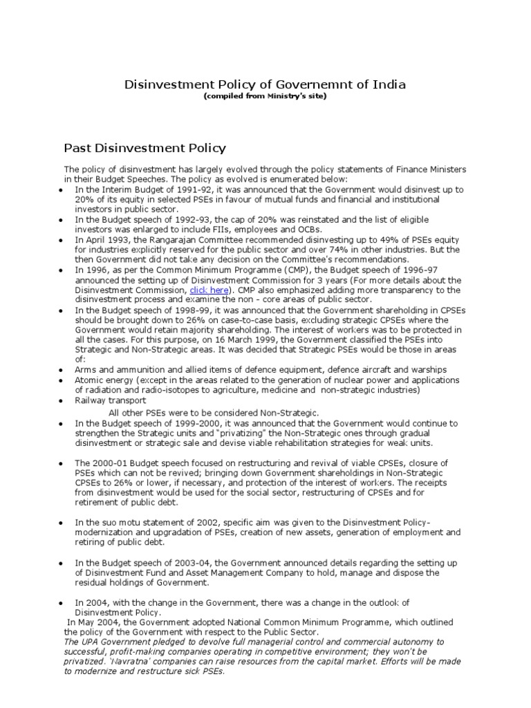 Disinvestment Policy by Government of India | PDF | Stocks | Investing