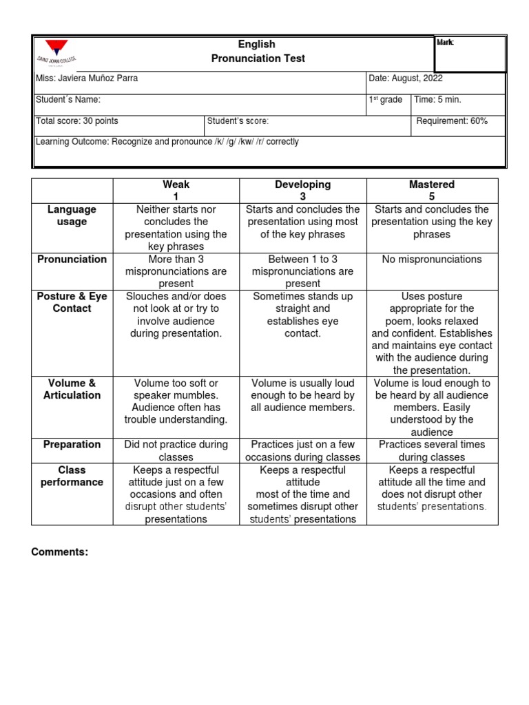 English Pronunciation Test Evaluation | PDF | Linguistics | Human ...