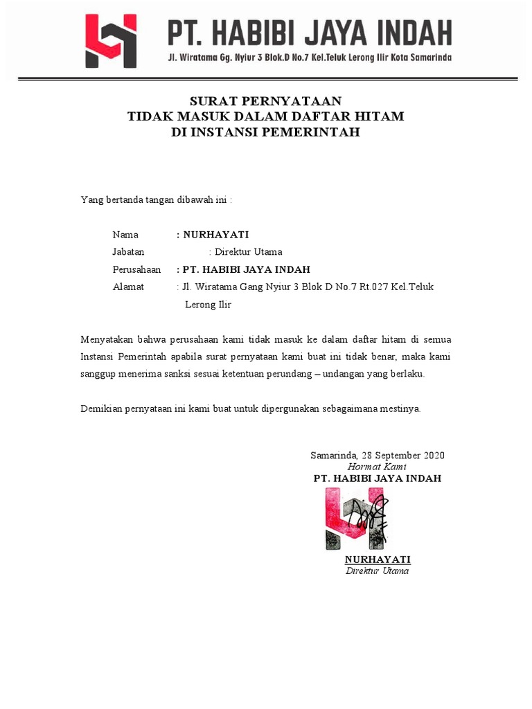 Surat Pernyataan Tidak Masuk Dalam Daftar Hitam Di Instansi Pemerintah | PDF
