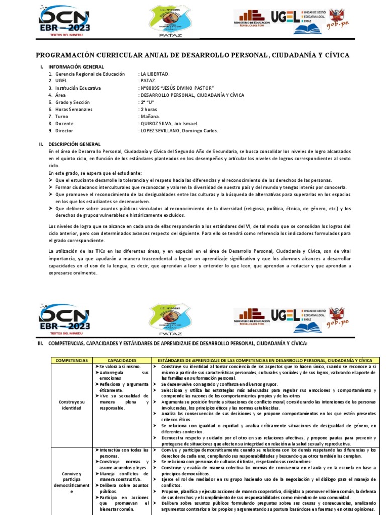 Programación Curricular Anual de Desarrollo Personal-2do Jois2023 | PDF | Enseñando | Estudios ...