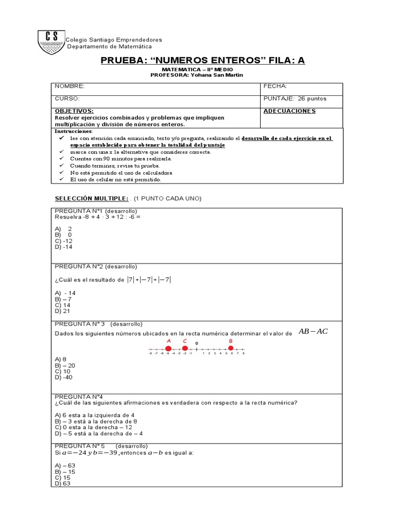 Prueba de Números Enteros - II° Medio | PDF | Aritmética | Matemática ...