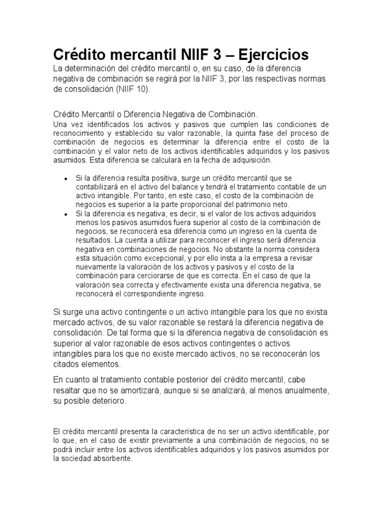 Crédito Mercantil NIIF 3 EJERCICIOS | PDF | Contabilidad | normas internacionales de INFORMACION ...