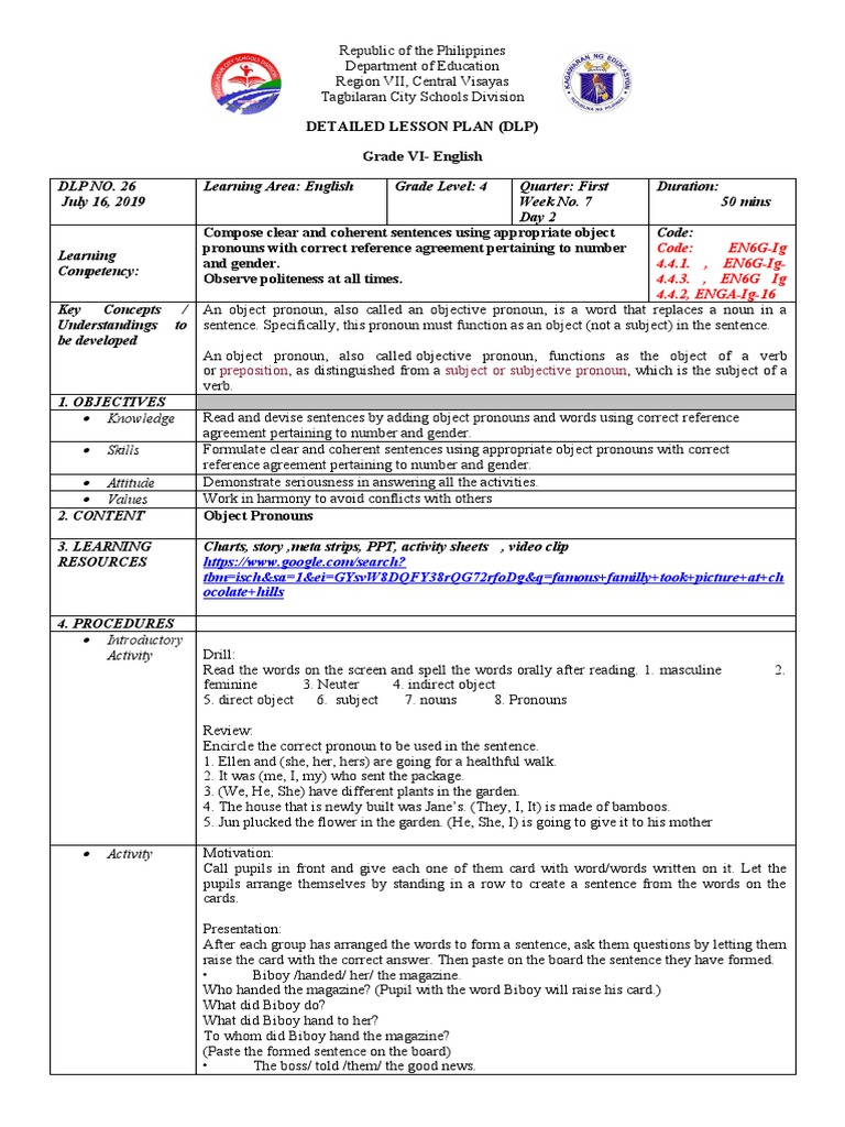 English-4-Week-7 - Cot | PDF | Grammatical Gender | Pronoun