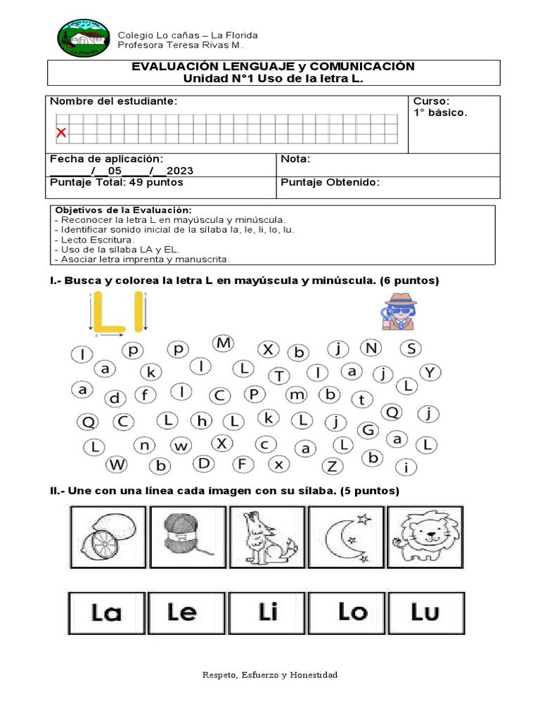 Evaluación de la letra L en 1° básico | PDF