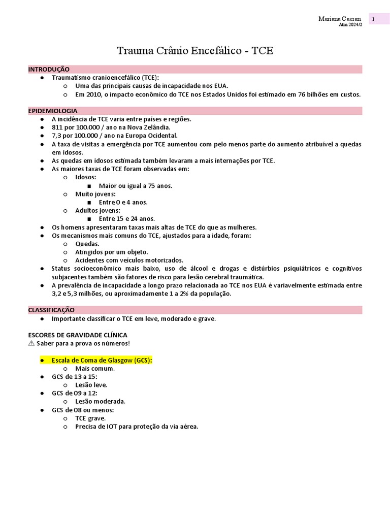 Aula 5 - TCE | PDF | Traumatismo craniano | Epidemiologia