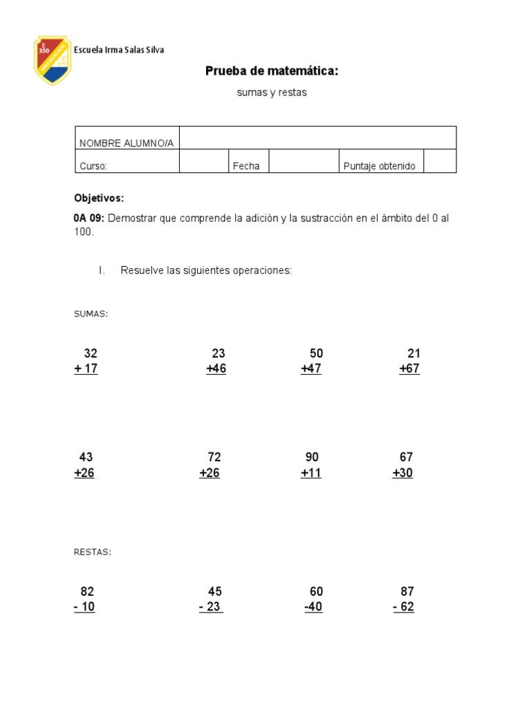 Prueba Matemáticas 3° Sumas 2 Digitos | PDF