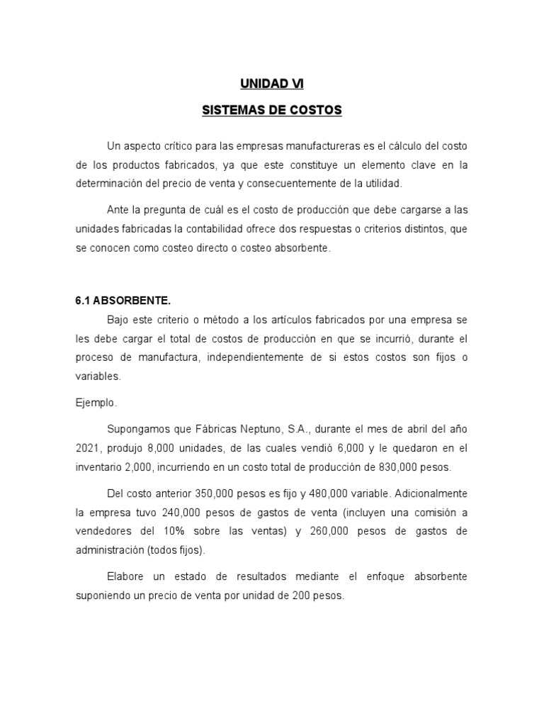 Costeo Absorbente Y Directo PDF Costo Estado De Resultados