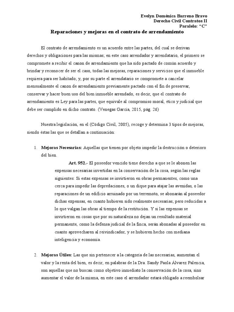 Reparaciones y Mejoras en El Contrato de Arrendamiento | PDF | Estado ...