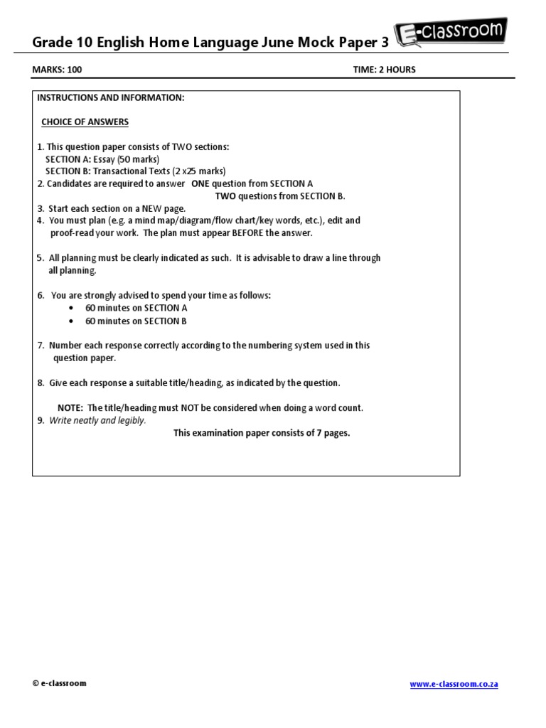 Grade 10 English Home Language June Mock Paper 3 | PDF | Essays | Question