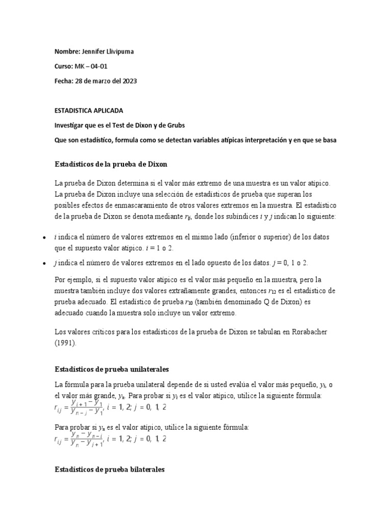 Pruebas de Dixon y Grubbs para Atípicos | PDF | Estadísticas | Media