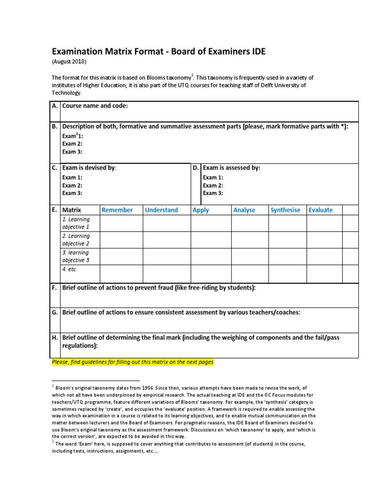 Examination Matrix Format - Board of Examiners IDE: Remember Understand ...