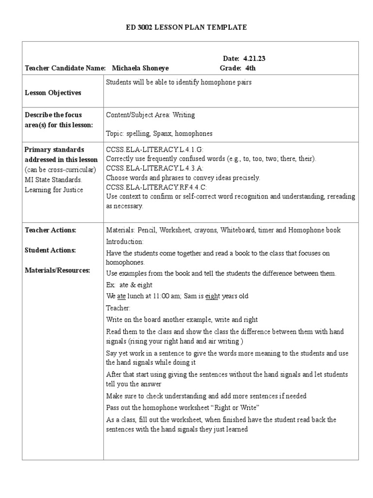4th Grade Homophones Lesson Plan | PDF | Lesson Plan | Teaching
