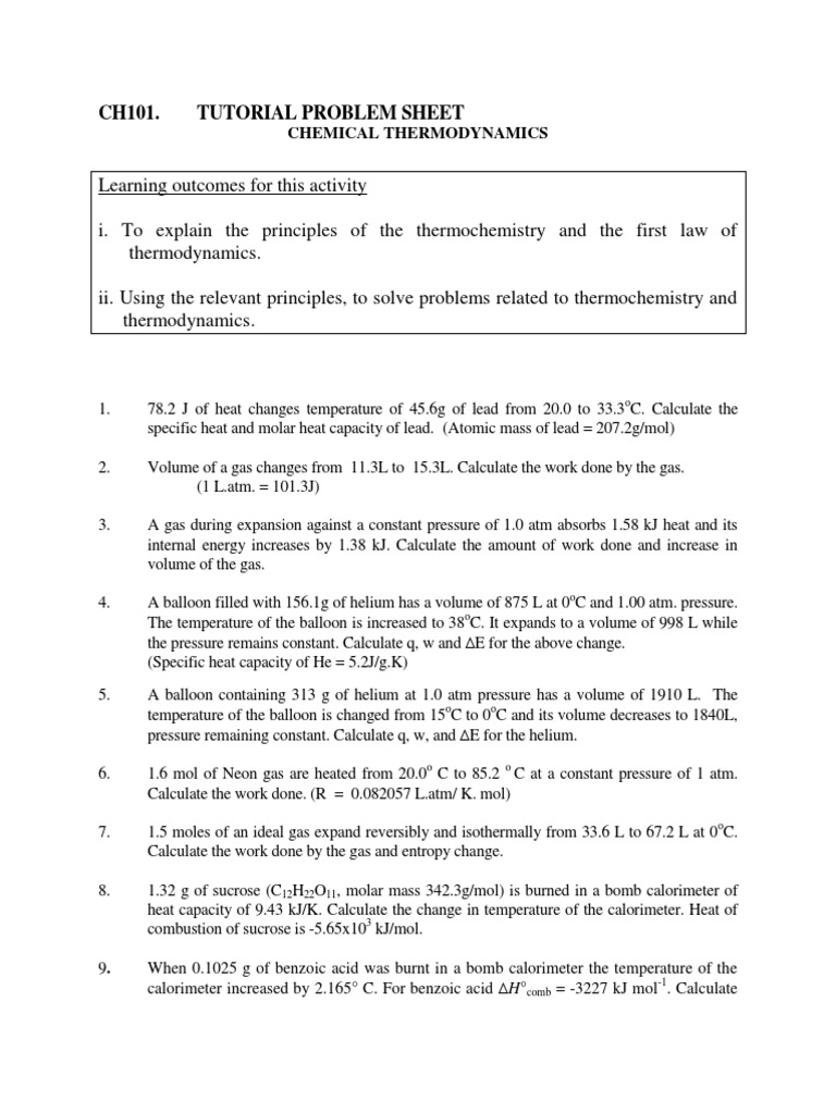Tutorial Sheet On Thermodynamics 1 | PDF | Gases | Nature