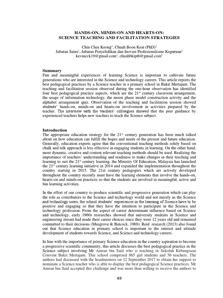 Hands On Minds On and Hearts On Science | PDF | Teachers | Pedagogy