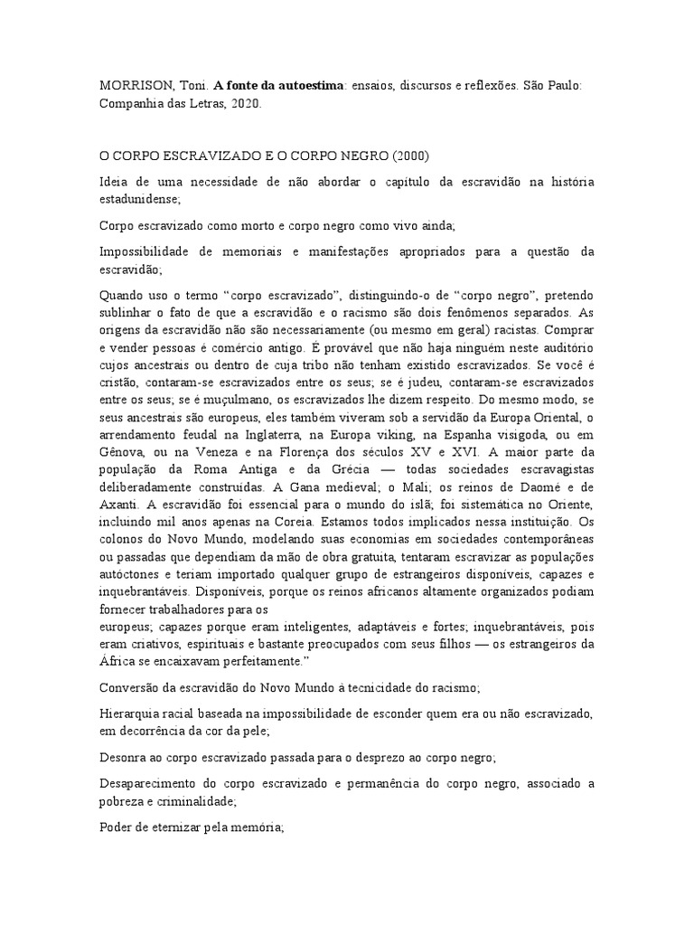 A Fonte Da Autoestima (Morrison, 2020) | PDF | Escravidão | Narrativa