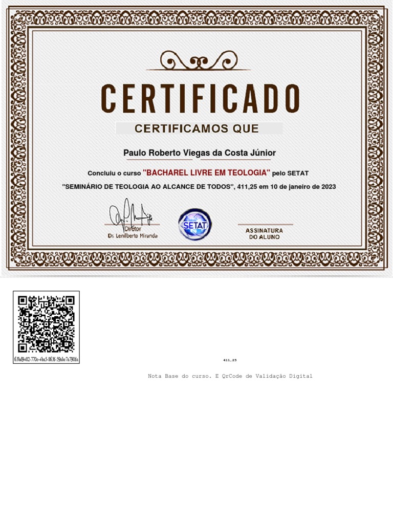 Bacharel em Teologia Livre - CERTIFICADO Bacharel em Teologia (Livre ...