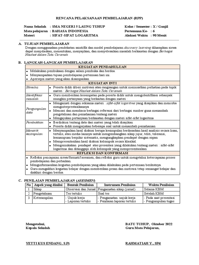 RPP Yuni Bahasa Indonesia | PDF