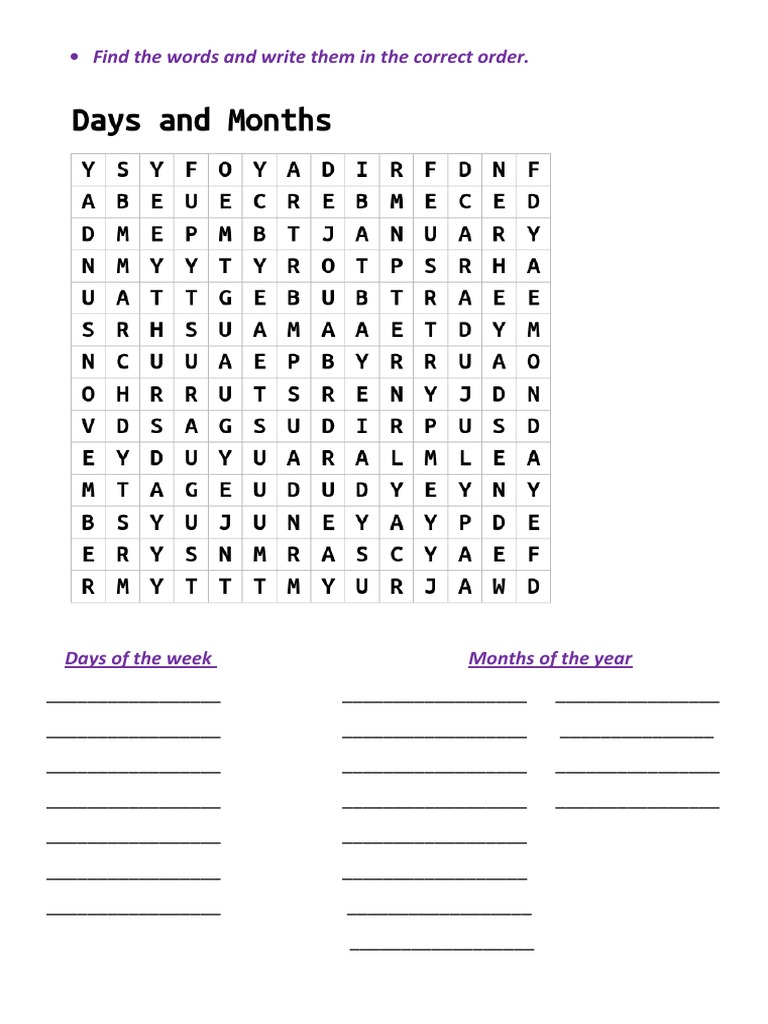 Days and Months Wordsearch | PDF