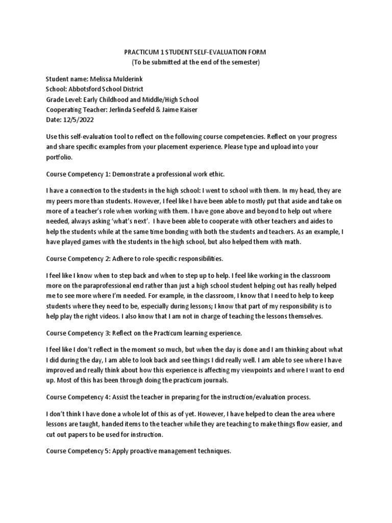 Practicum 1 Student Self Evaluation | PDF | Classroom | Teachers