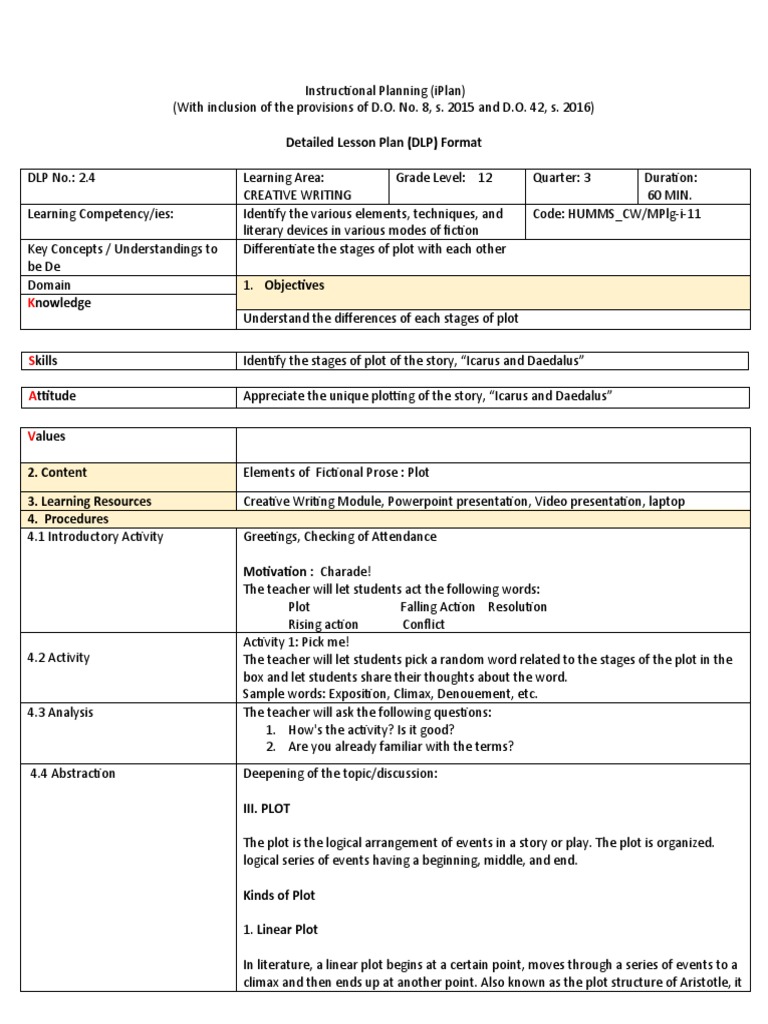Instructional Planning (iPlan) Detailed Lesson Plan (DLP) Format | PDF | Plot (Narrative ...