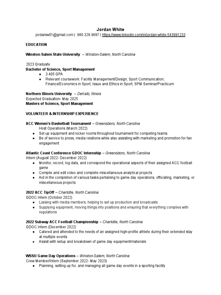 Jordan White Resume-4 | PDF | Atlantic Coast Conference | North Carolina