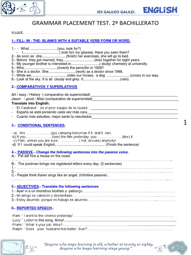 2º Bachillerato - Grammar Placement Test | PDF | Languages | Foreign ...