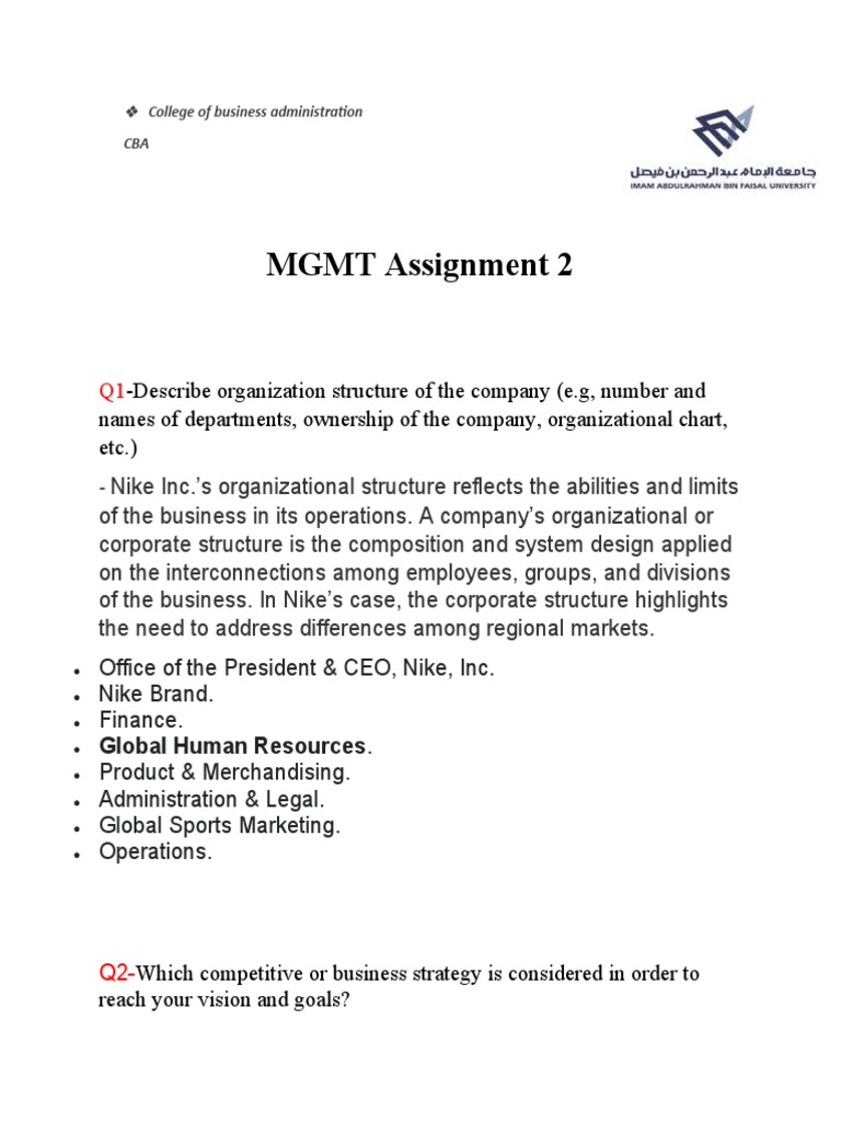 CBA MGMT Assignment 2: Nike's Organizational Structure, Strategies ...