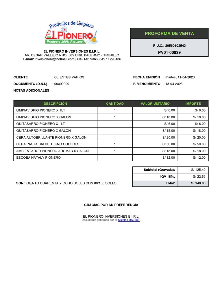 Proforma de Venta: Descripción Cantidad Valor Unitario Importe | PDF