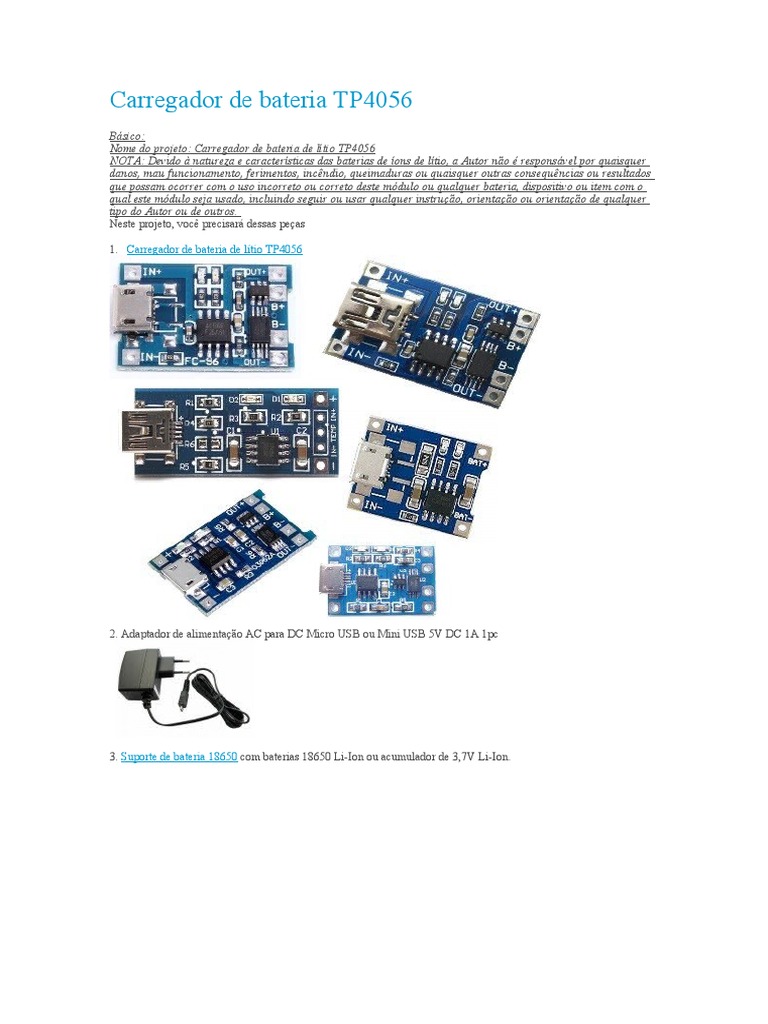 Carregador de Bateria TP4056 | PDF | USB | Corrente elétrica