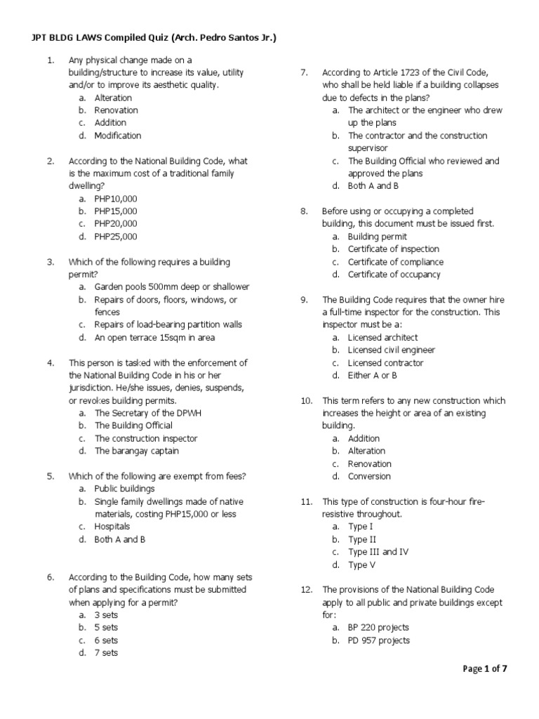 JPT BLDG LAWS Quiz Answers | PDF | Building Code | Building