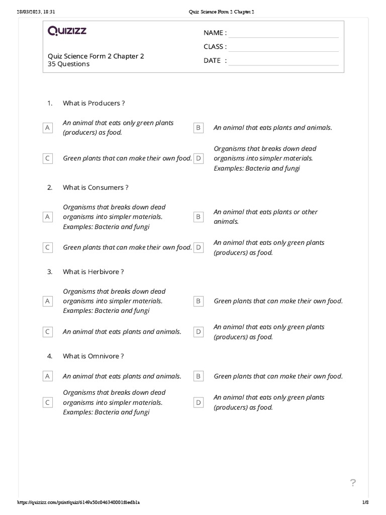 Quiz Science Form 2 Chapter 2 | PDF | Plants | Herbivore