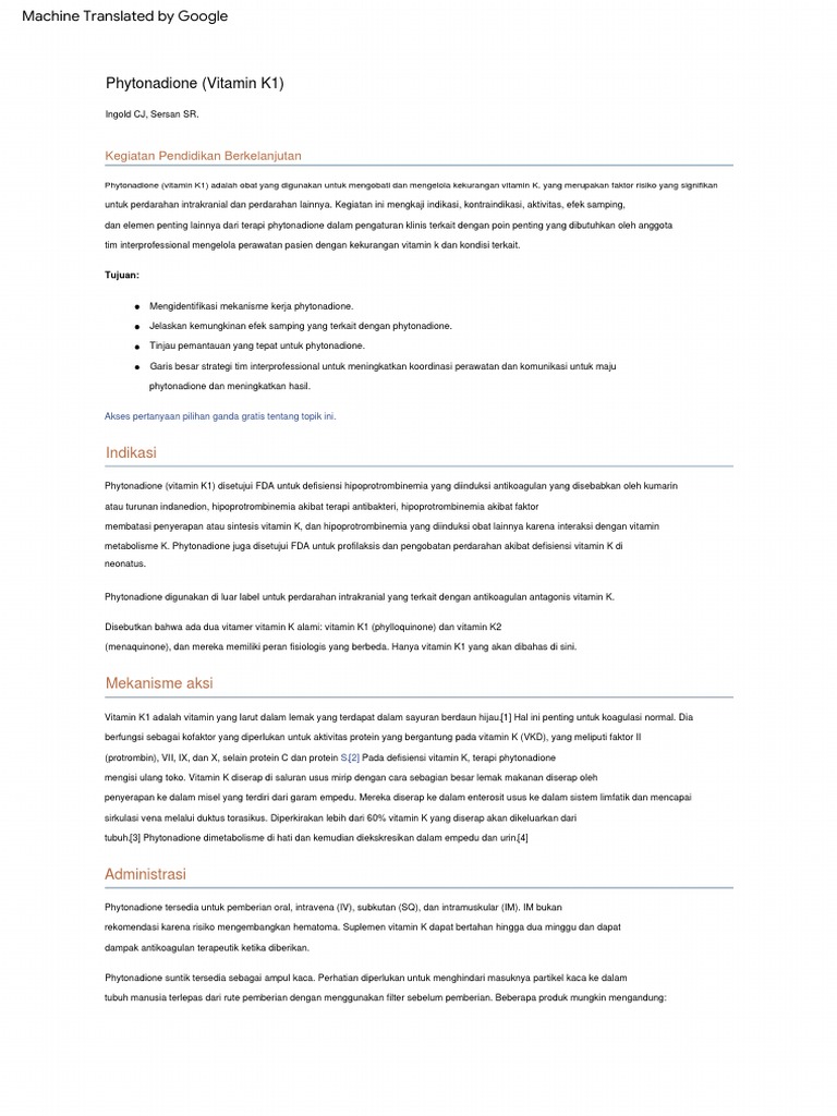 Phytonadione (Vitamin K1) - StatPearls - NCBI Bookshelf | PDF