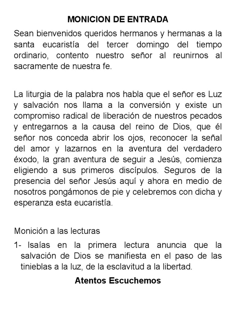 Monicion de Entrada | PDF | Misa (liturgia) | eucaristía