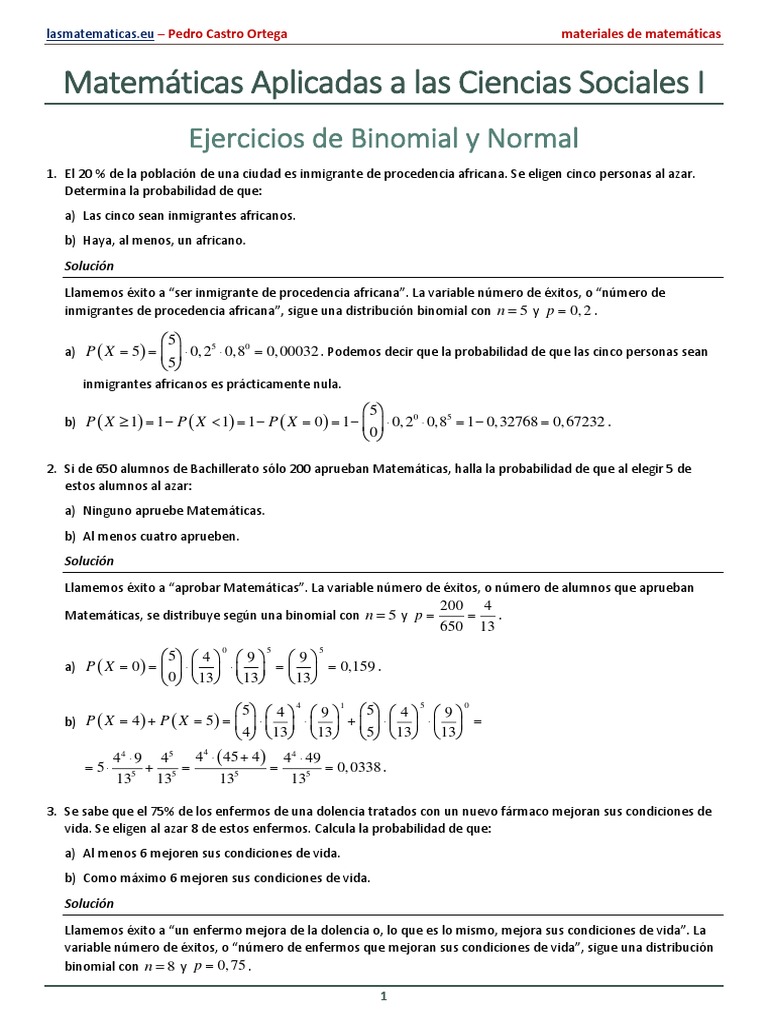 Matemáticas Aplicadas A Las Ciencias Sociales I: Ejercicios de Binomial y Normal | PDF ...