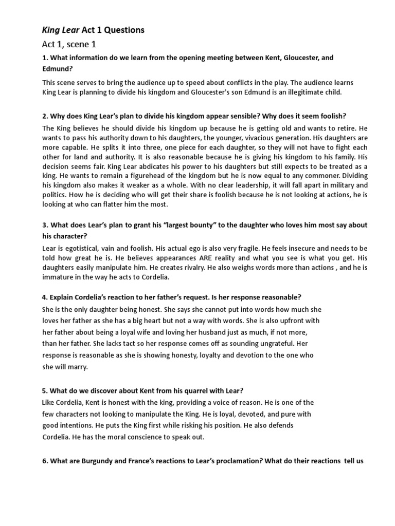 King Lear Act 1 Questions | PDF | King Lear