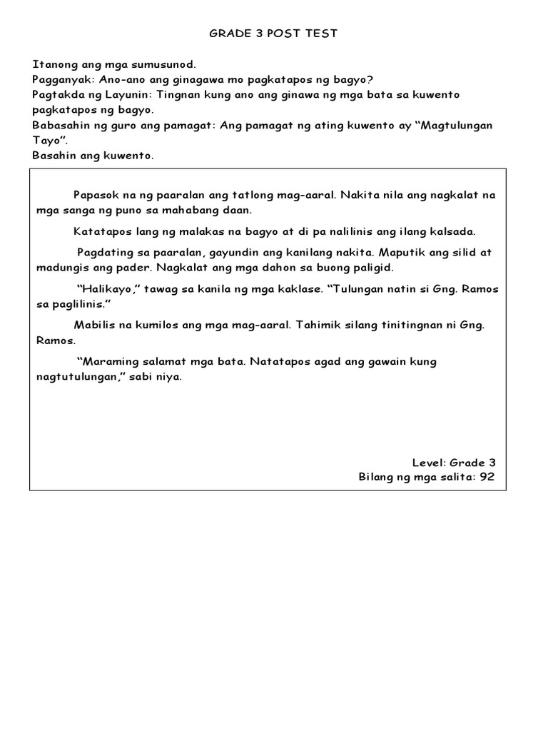 Grade 3 Filipino Phil - Iri Post Test | PDF