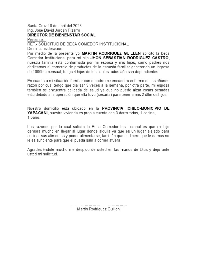 Carta de Solicitud de Beca Comedor | PDF