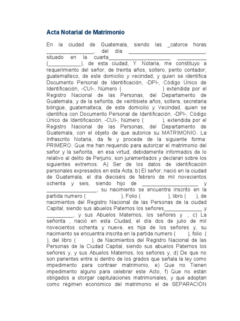 Acta Notarial de Matrimonio | PDF | Matrimonio | Instituciones sociales