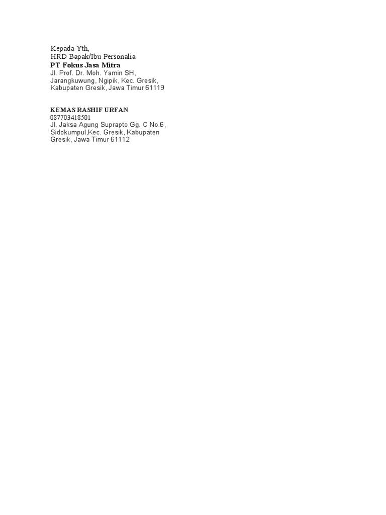 PT Fokus Jasa Mitra: Kepada Yth, HRD Bapak/Ibu Personalia | PDF