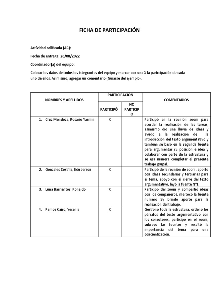 Plantilla Ficha de Participación | PDF