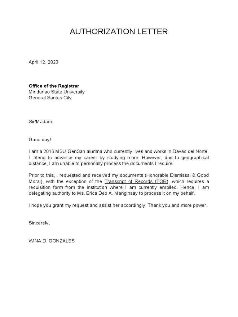 Authorization Letter: Office of The Registrar | PDF | Wellness