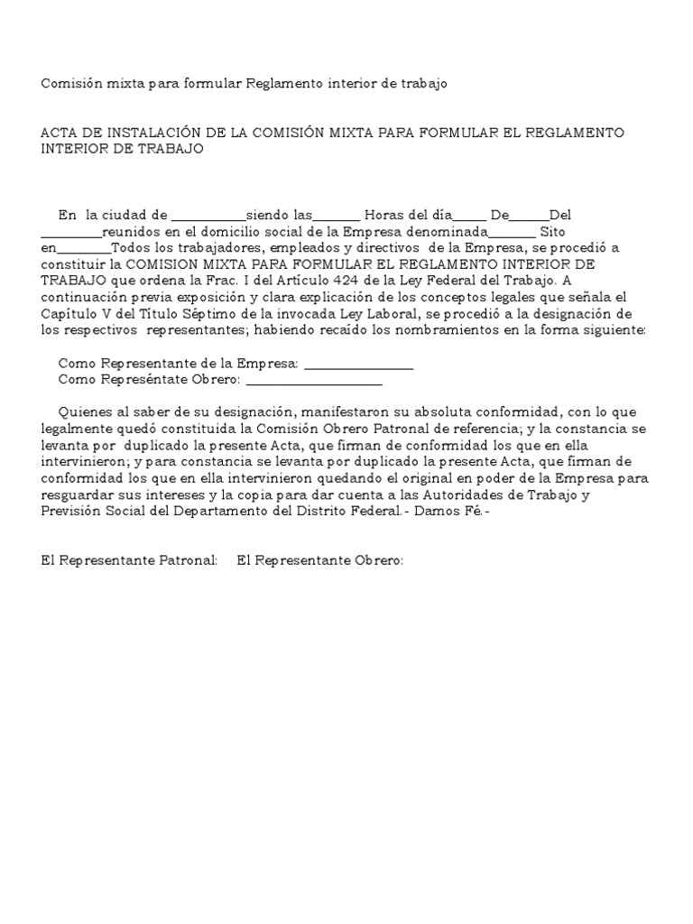 Comisión Mixta para Formular Reglamento Interior de Trabajo | PDF