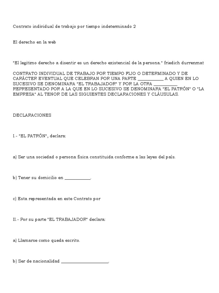 Contrato Individual De Trabajo Por Tiempo Indeterminado 1 Pdf