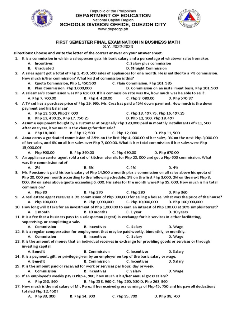 2nd PT-Business Math-Final Exam-2022-2023 | PDF | Salary | Payroll