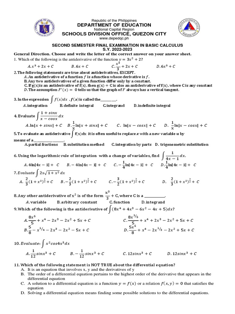 2nd PT-Basic Calculus-Final Exam-2022-2023 | PDF | Integral | Mathematical Concepts