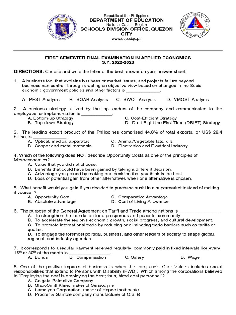 2nd PT-Applied Economics-Final Exam-2022-2023 | PDF | Cost Of Living ...