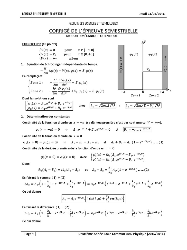 Examne Mécanique Quantique 2016 | PDF | Fonction d'onde | Physique ...